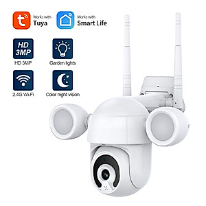 EVERSECU 2K 3Mp Tuya Smart Life Floodlight Outdoor WiFi IP PTZ Security Camera Weatherproof, Motion-Activated Spotlights &Auto-Tracking, Color Night Vision, 2-Way Audio, Work with Alexa & Google Home