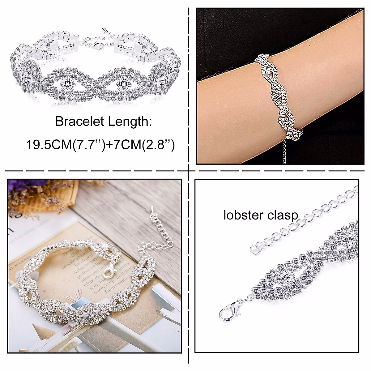 Fiasaso 3pcs Crystal Bridal Jewelry Set for Women Rhinestone Necklace Earrings Bracelet Wedding Bridesmaid Silver Tone