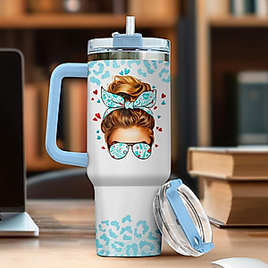 99OWL Nurse Coffee Messy Bun, Tumbler 40 Oz With Handle Lid And Straw, Tumblers Nurses Women Cups Student For Funny White Navy Blue Leopard Travel Nursing Er School, Nurse Gifts