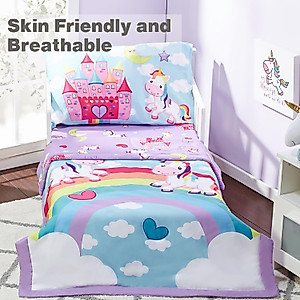 EVERYDAY KIDS 4 Piece Toddler Bedding Set - Unicorn Dreams - Includes Comforter, Flat Sheet, Fitted Sheet and Reversible Pillowcase