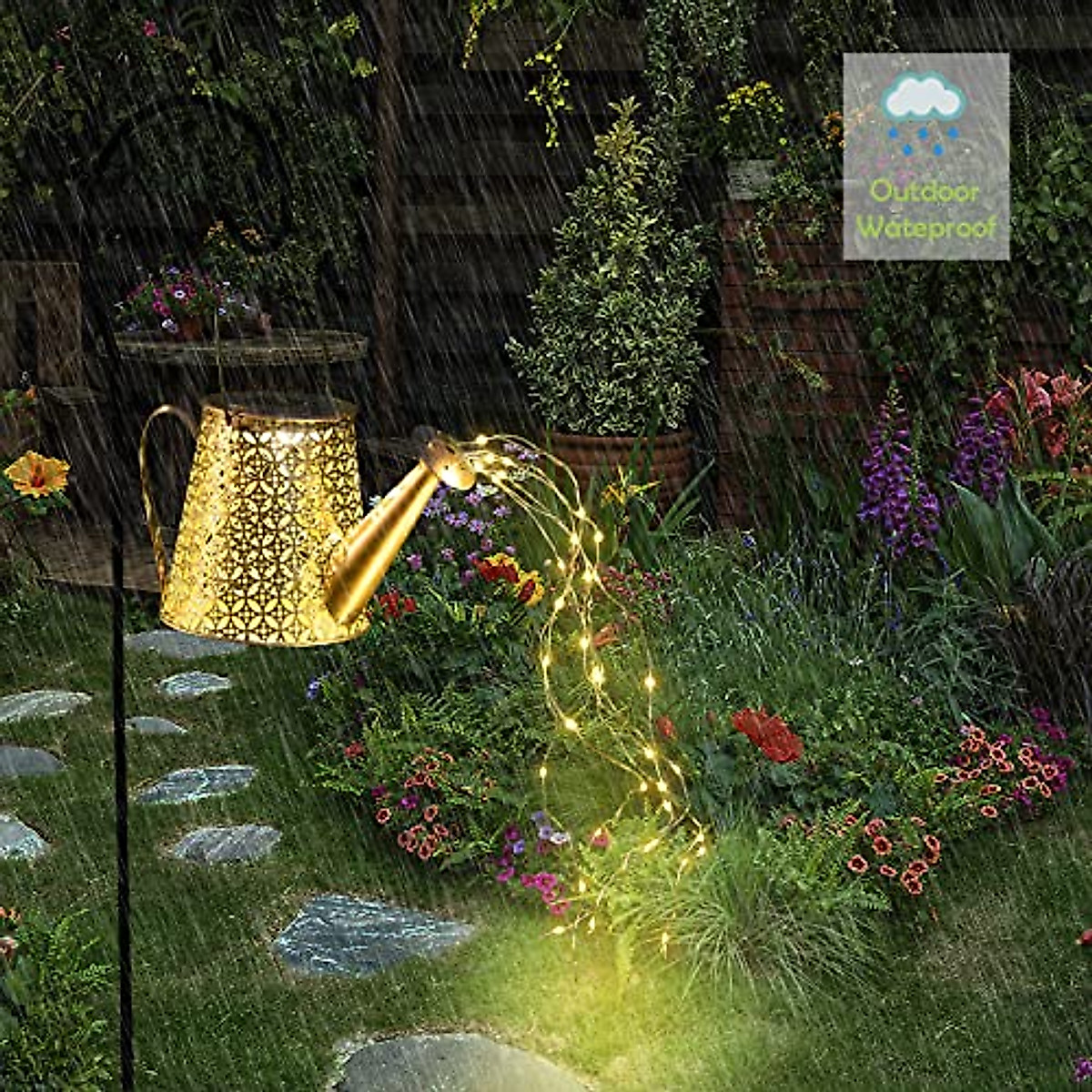 Watering can with Garden Decor Lights,Solar Lantern Outdoor Hanging Waterproof, Outdoor Decorative Retro Metal Solar Lights for Garden Table Patio Yard Pathway Walkway,Large