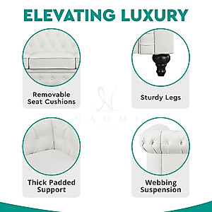 Naomi Home Emery Chesterfield Sofa with Rolled Arms, Tufted Cushions / 3 Seater Sectional Sofa Couch for Small Spaces, Living Room, Bedroom, Apartment Easy Tool-Free Assembly – Off White