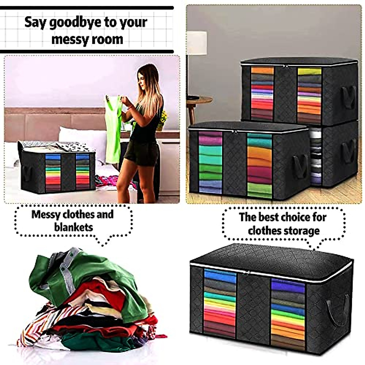 Large Capacity Clothes Storage Bag Organizer with Reinforced Handle Thick Fabric for Comforters, Blankets, Bedding, Foldable with Sturdy Zipper, Clear Window, 3 Pack, 90L (Black)