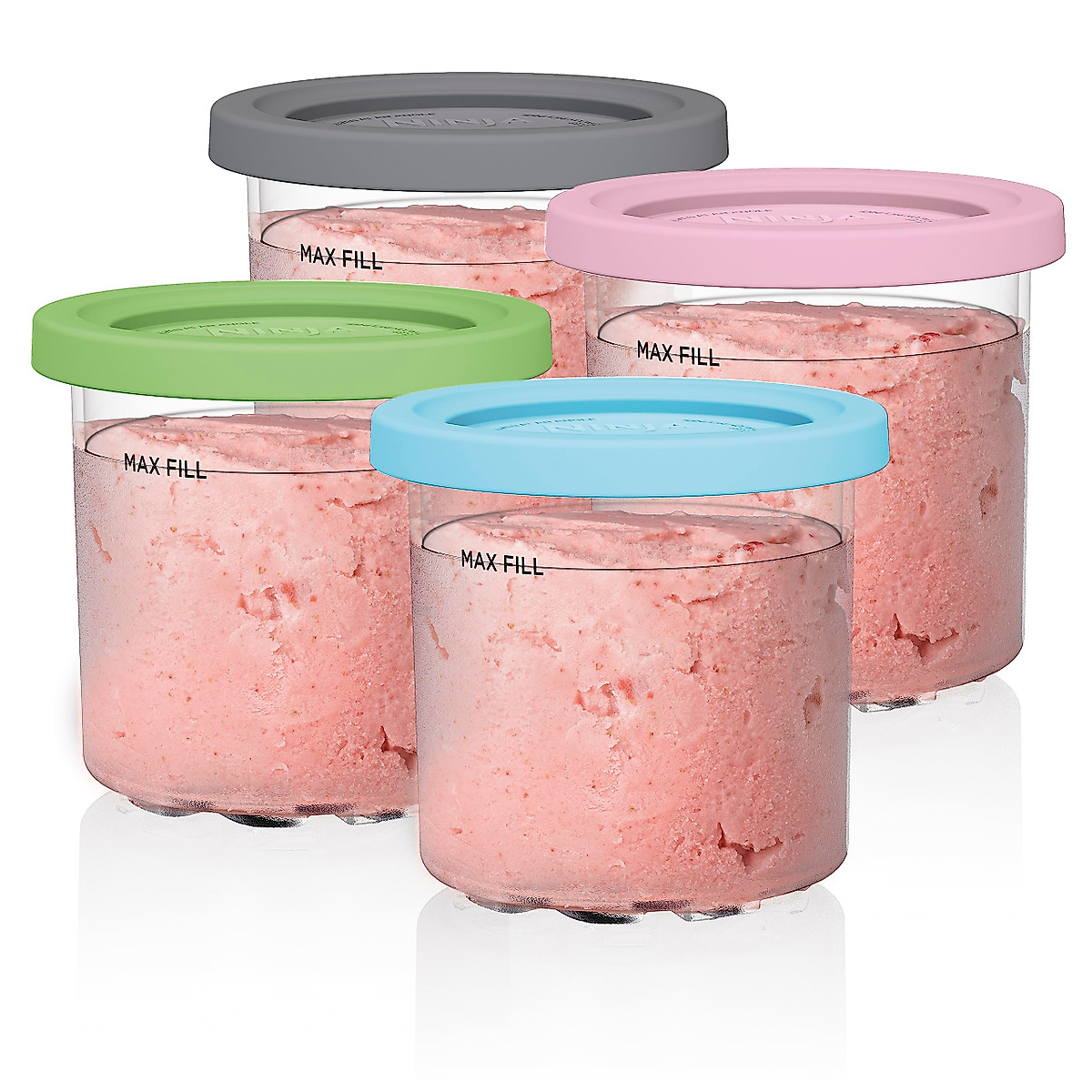 Ninja XSKPLD4BCD Pints 4 Pack, Compatible with NC299AMZ & NC300s Series Creami Ice Cream Makers, BPA-Free & Dishwasher Safe, Color Lids, 1, Clear/Grey/Lime/Pink/Acqua