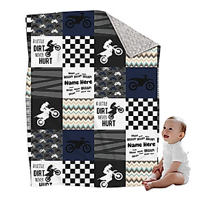 Personalized Motocross Dirt Bike Minky Baby Blankets with Name, Custom Motorcycle Blanket for Boys Kids - Neutral Motocross Baby Plaid Blanket for Infant Newborn