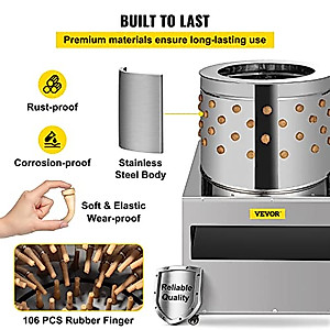 VEVOR Chicken Plucker, 20Inch Barrel Diameter 1500W 275R/min De-Feather Remover Poultry Machine,Heavy Duty Feather Plucking Machine