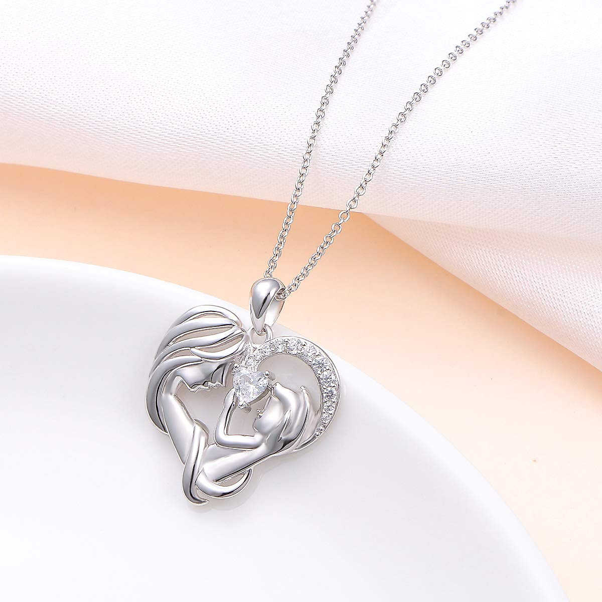 DAOCHONG Mother Necklace Sterling Silver Mother Child Forever Love Necklace Gift for Mother Mom 18"