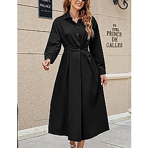 Ladyful Elegant Cotton Shirt Dress for Women A-line Long Sleeve Maxi Dress Black