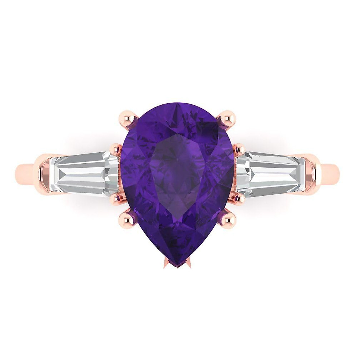 Clara Pucci 2.5 ct Pear Baguette cut 3 stone Solitaire Natural Amethyst Designer Anniversary Bridal Engagement Ring 14k Rose Gold