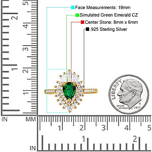 Blue Apple Co. Yellow Tone, Simulated Green Emerald CZ Size-6 Art Deco Teardrop Pear Wedding Engagement Ring Baguette Round Cubic Zirconia 925 Sterling Silver
