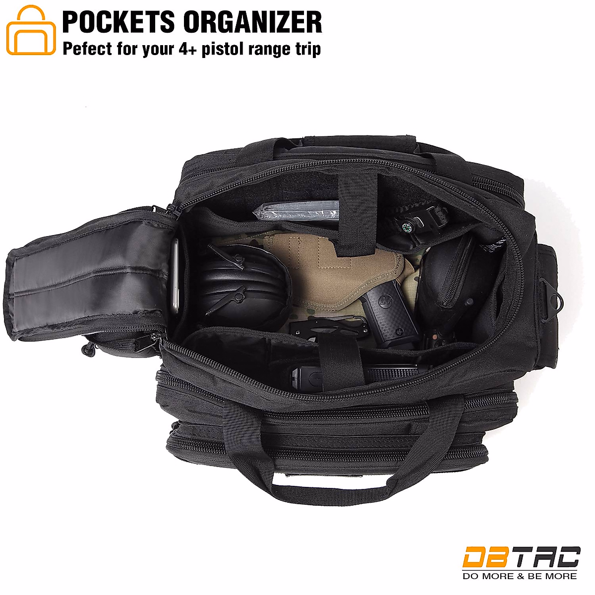 DBTAC Gun Range Bag Deluxe Middle Size | Tactical 2~4 Pistol Shooting Range Duffle Bag with Lockable Zipper for Handguns and Ammo (Black)