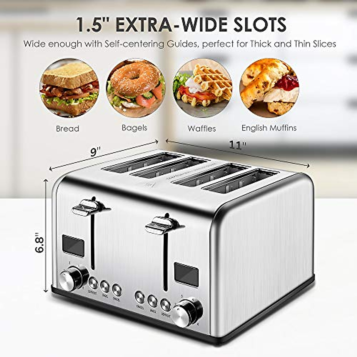 REDMOND 4 Slice Toaster, Countdown Stainless Steel Toaster with Bagel, Defrost, Cancel Function, Extra Wide Slots, 6 Bread Shade Settings, 1650W, ST030