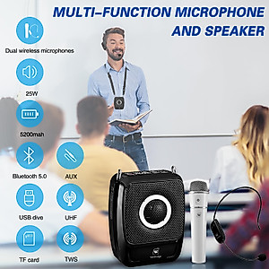 Bluetooth Voice Amplifier Personal Portable Pa System, 25W Megaphone Speaker with 2 Wireless Mics, Voice Amplifier with Wireless Microphone System for Teachers Teaching Singing Outdoor Indoor ect