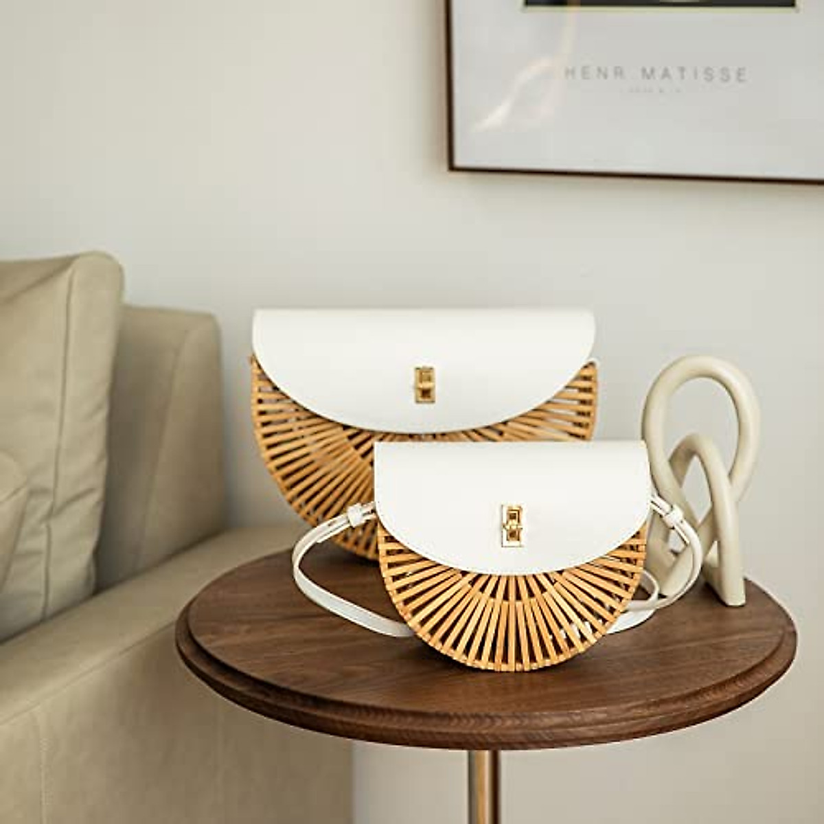 RULER TRUTH Handwoven Round Bamboo Bag Natural Shoulder Bag with Leather Straps Women's Handmade Straw Purse