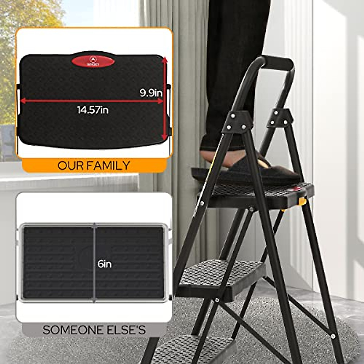 3 Step Ladder, Folding Step Stool with Wide Anti-Slip Pedal, Lightweight 500lbs Step Ladder 3 Step Folding, 3 Step Ladder Folding Step Stool for Adults, Portable Kitchen Step Stool Black