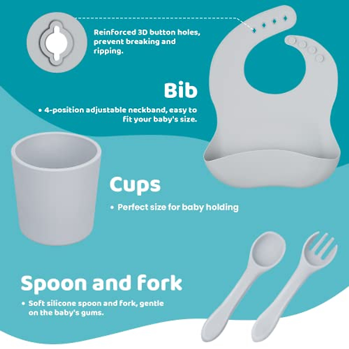 Ziza Baby Led Weaning Supplies - Silicone Baby Feeding Set, Suction Plates and Bowls for Infants & Toddlers, Baby Eating Supplies with Divided Plate, Suction Bowl, Bib, Training Cup, Spoon, Fork