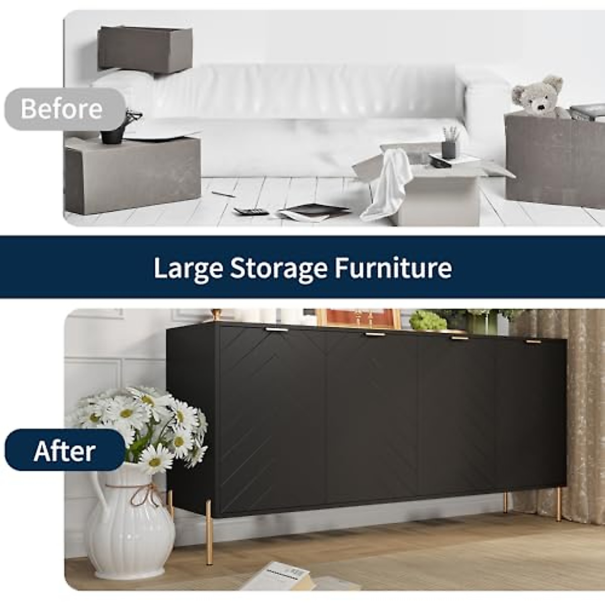 Clihome Storage Cabinet with 4 Doors，63 Inch Monden Accent Cabinet with Adjustable Shelf，Free-Standing Sideboard with Gold Legs for Hallway, Living Room, Black