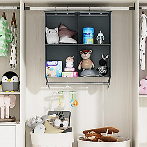 YOUDENOVA 4-Section Hanging Closet Organizer and Storage, Heavy Duty Hanging Shelves with Rod, Closet Storage for College Dorms, RV, Dark Grey