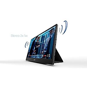 AOC 16T2 15.6" Full HD (1920 x 1080) Touch-enabled portable IPS monitor, USB-C and Micro HDMI inputs, Built-in battery, Stereo speakers, SmartCover, AutoPivot, VESA. For laptops, PC, Mac, consoles