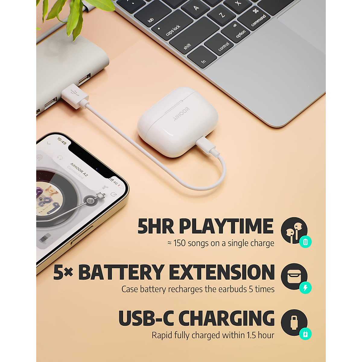 AIHOOR Wireless Earbuds for Music and Sports, Bluetooth 5.3 in-Ear Headphones with Extra Bass, Built-in Mic, Touch Control, USB Charging Case, 30hr Battery Earphones (High Gloss White)