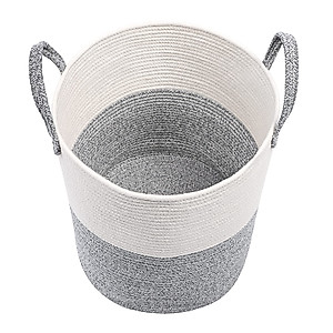 SONGMICS Woven Cotton Rope Basket, Toy Storage Bin with Handles, Blanket Storage for Pillows, Clothes in Living Room, Bedroom, Gray and Beige ULCB440G01