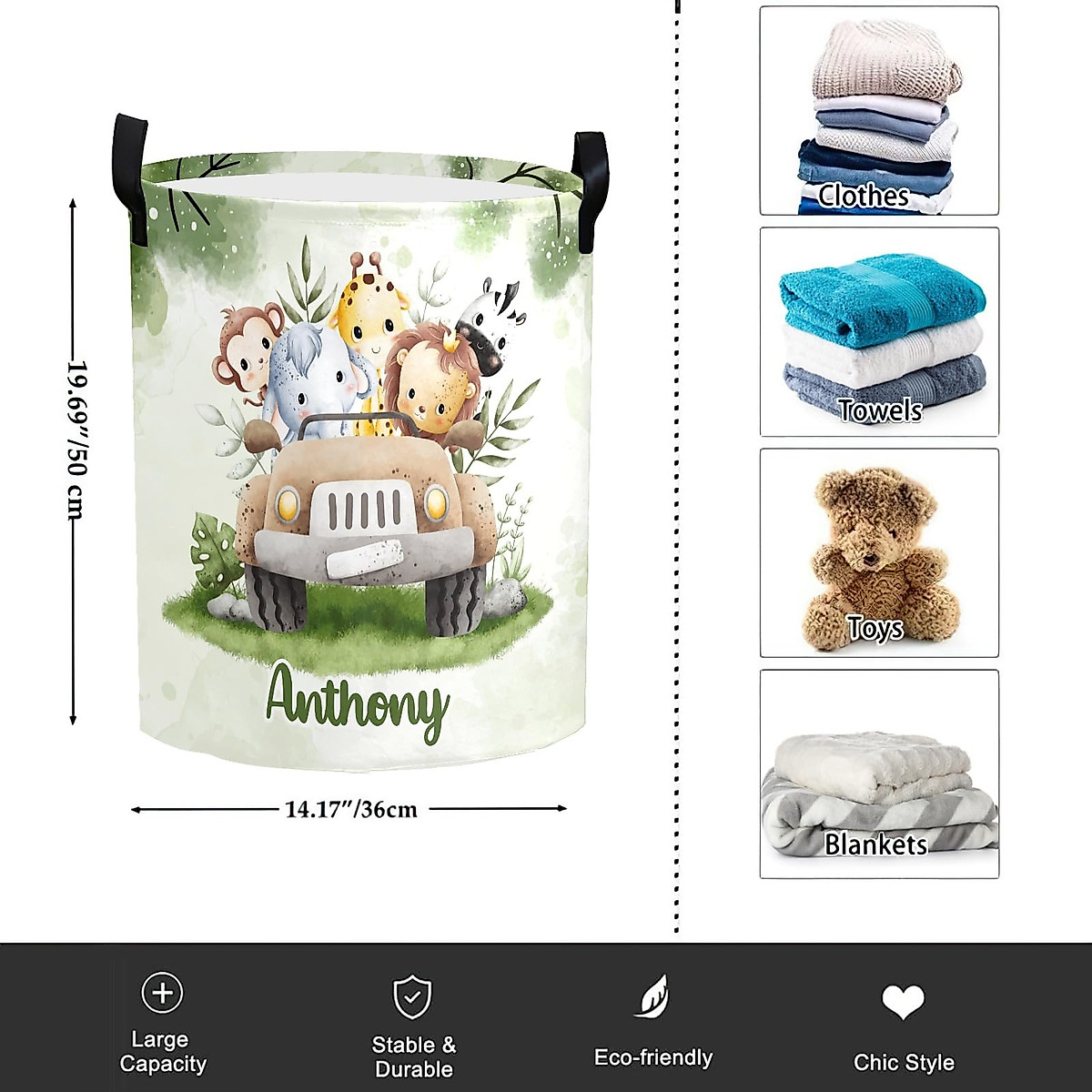 Jungle Animal Car Leaves Green Personalized Laundry Basket Hamper,Collapsible Storage Baskets with Handles for Kids Room,Clothes, Nursery Decor