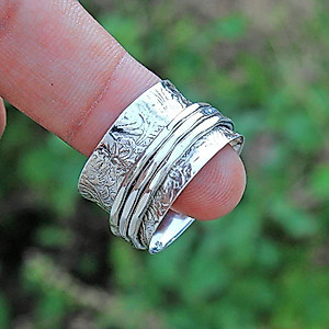 DAMRU Anxiety Ring For Women 925 Sterling Silver Plated Spinning Spinner Oxidized Concave Handmade Boho Band Meditation Stress Relief Rings (10)