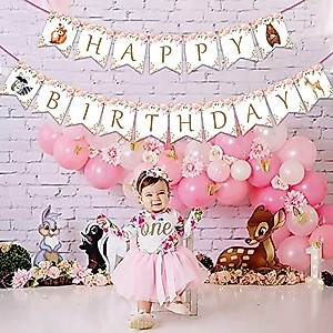 Woodland Happy Birthday Banner-Forest Animal Creatures Bunting Banner Garland for Girls Woodland Birthday Party Decorations