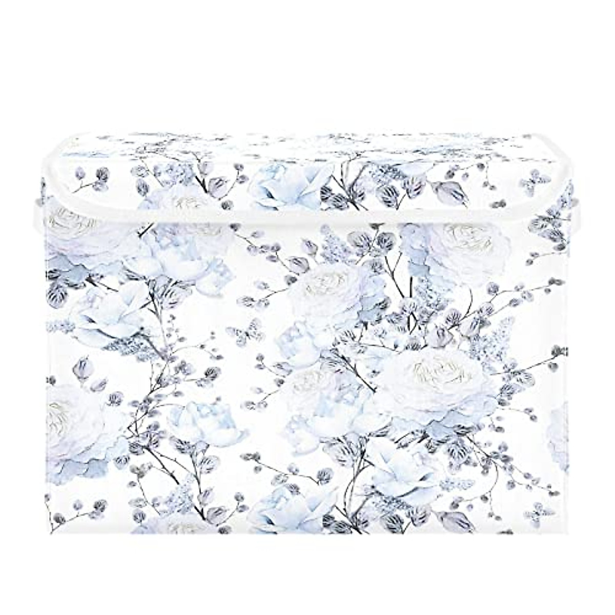 Storage Basket Light Blue Flowers Storage Boxes with Lids and Handle, Large Storage Cube Bin Collapsible for Shelves Closet Bedroom Living Room, 16.5x12.6x11.8 In