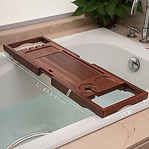 WZSON Non-Slip Bath Tray Solid Bamboo, Multifunctional Retractable Bathtub Stand, with Storage Compartment, Hook and Bezel, for Spa Home,Ebony