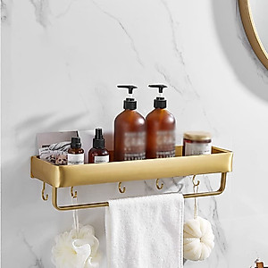 ANNBKA Shower Shelf Racks Brushed Gold Bathroom Shelf, Aluminum Cosmetic Storage Racks, Towel Bar, Wall Mounted Bath Shower Shampoo Shelf Shower Caddy (Color : 50cm with bar hook)