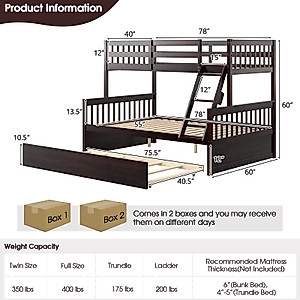 Giantex Twin Over Full Bunk Bed with Trundle, Solid Wood Bunk Bed with Ladder and Guardrails, Convertible to 2 Beds, Triple Bunk Beds for Kids Teens Adults, No Box Spring Needed, Espresso