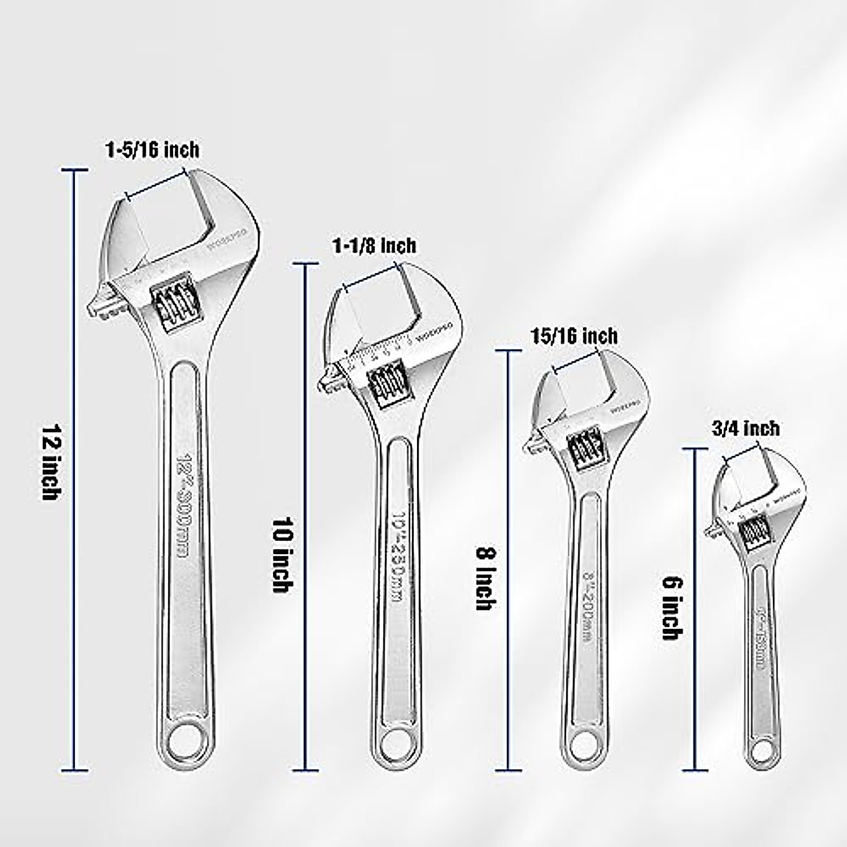 WORKPRO 4-piece Adjustable Wrench Set, Forged, Heat Treated, Chrome-plated (6-inch, 8-inch, 10-inch, 12-inch)