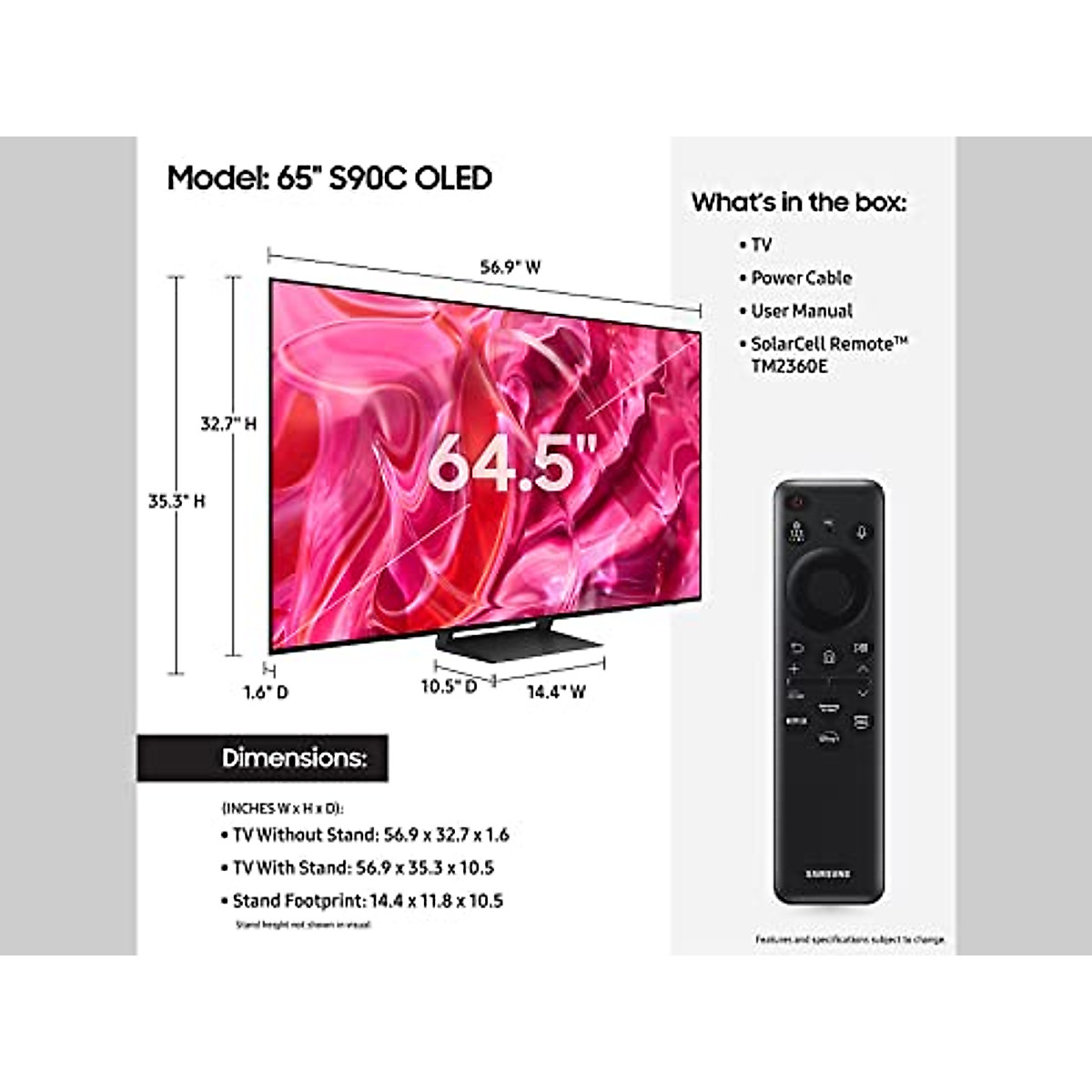 SAMSUNG 65-Inch Class OLED 4K S90C Series Quantum HDR, Dolby Atmos Object Tracking Sound Lite, Ultra Thin, Q-Symphony 3.0, Gaming Hub, Smart TV with Alexa Built-in (QN65S90C, 2023 Model), Titan Black