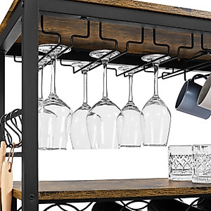 Yaheetech Wine Rack Table with Glass Holder, Industrial Wine Bar Cabinet with 25-Bottle Wine Storage and 6 Hooks, Coffee Bar Table Liquor Cabinet for Bar, Buffet, Living Room, Kitchen, Rustic Brown