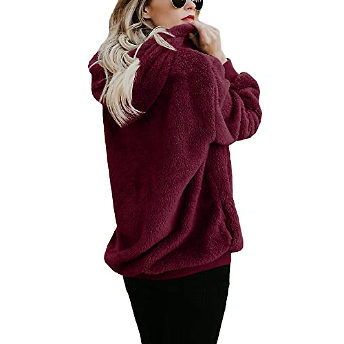 ReachMe Womens Oversized Sherpa Pullover Hoodie with Pockets Fuzzy Fleece Sweatshirt Tie Dye Fluffy Coat(A Burgundy,M)