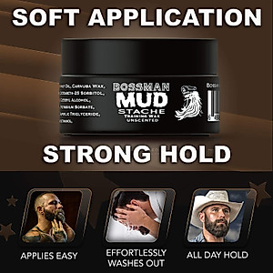 Bossman MUDstache Unscented Mustache Wax – No Pull - Spreads Easy for a Strong Non-Tacky 24 hr Hold - Tame, Train and Style - Moustache Wax for Men (1oz)
