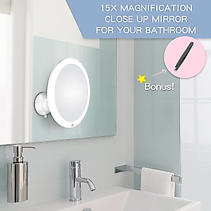 15x Magnifying Mirror with Light & Tweezers - Lighted Makeup Mirror with Strong Magnification for Precise Makeup, Plucking, Lighted Magnified Mirror w/Suction Cup for Bathroom, Dual Power , 8"