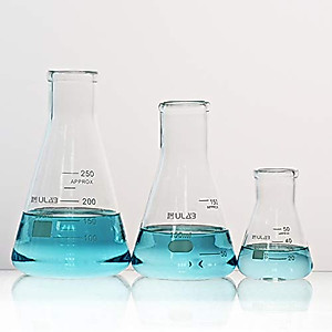 ULAB Scientific Narrow-Mouth Glass Erlenmeyer Flask Set, 3 Sizes 50ml 150ml 250ml, 3.3 Boro with Printed Graduation, UEF1001