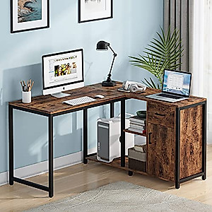 Tribesigns L Shaped Desk with Drawer Cabinet, 47 Inch Corner Desk with Storage Shelves CPU Stand, L Computer Desk Writing Study Gaming Table for Home Office (Brown)