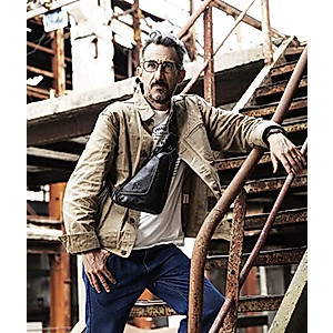 RC ROCKCOW Genuine Leather Sling Backpack Men's Leather Sling bag Triangle Crossbody Bags Multi-pocket Chest Bag Crossbody Daypack with Earphone Hole Casual Crossbody Shoulder Chest Daypack