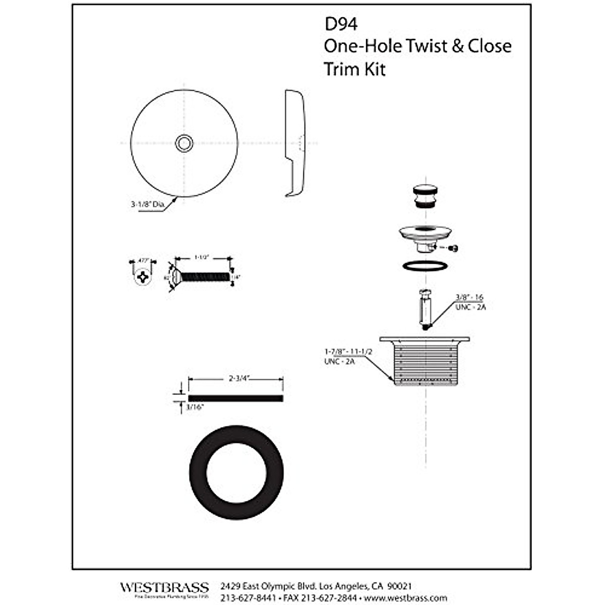 Westbrass Twist & Close Tub Trim Set with One-Hole Overflow Faceplate, Satin Nickel, D94-07