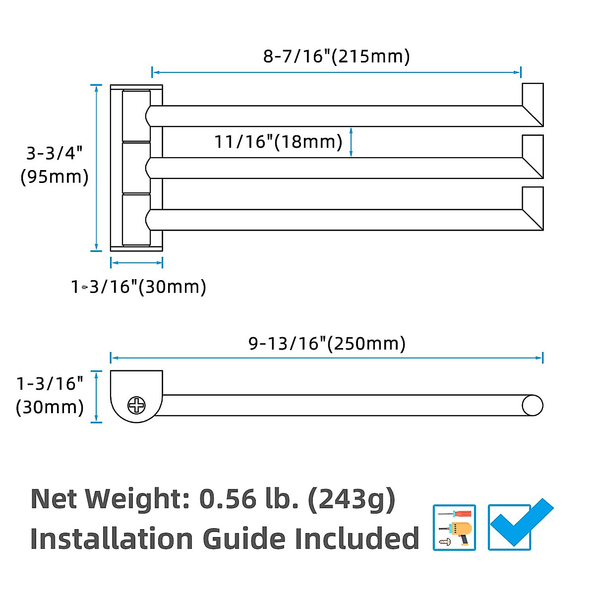 APLusee Brushed Nickel Swivel Towel Rack, 304 Stainless Steel Foldable Towel Bar with Three Swing Arm, Wall Mounted