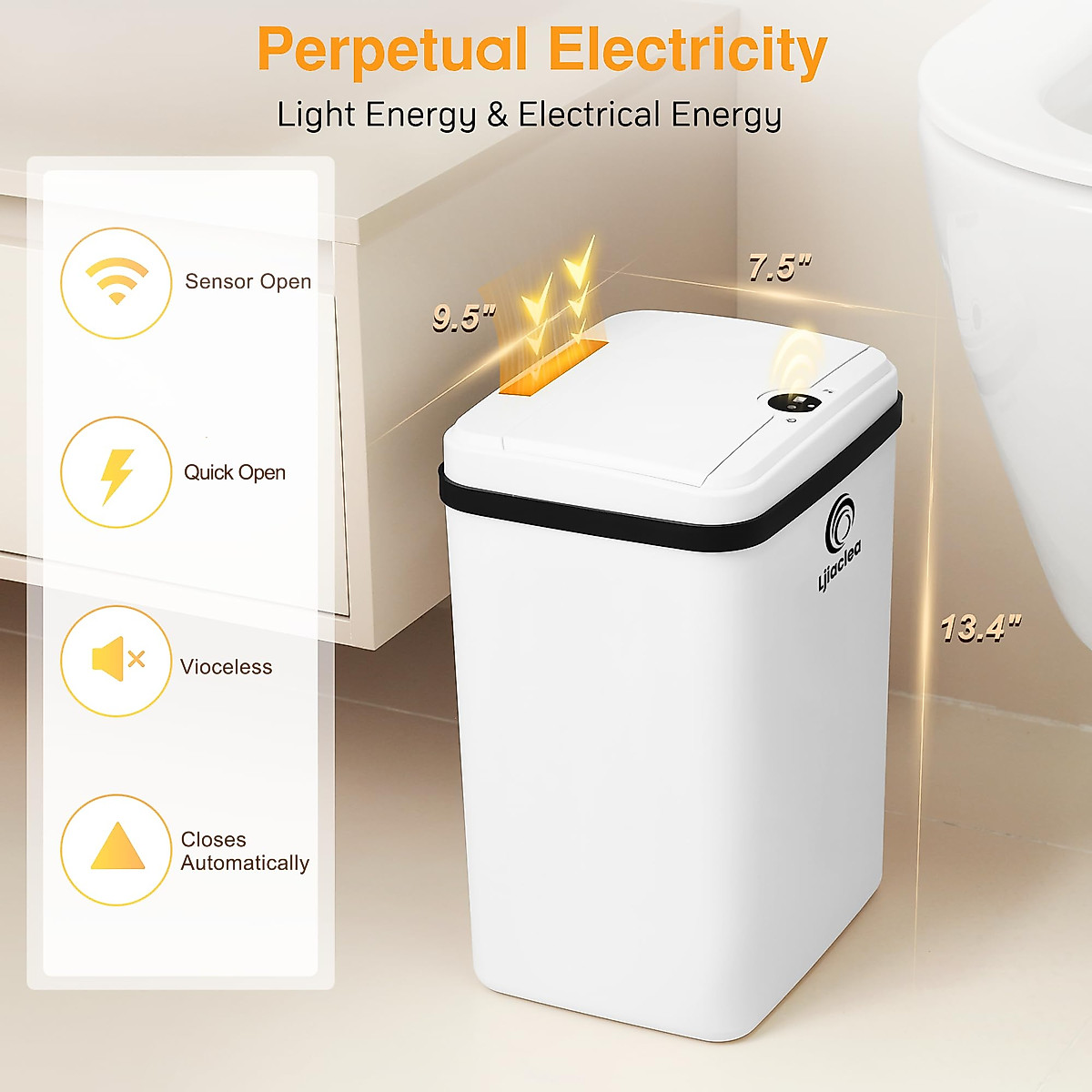 LJIACLEA Automatic Touchless Bathroom Small Trash Can with Lid 4 Gallon Smart Motion Sensor Electric Waterproo Garbage Can for Kitchen,Bedroom, Office, Living Room, USB & Light Energy Charging,White