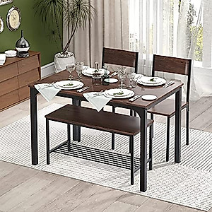 sogesfurniture 4 Piece Dining Table Set, Dining Room Set, Kitchen Dinner Table with Benches for 4, Includes Table, 2 Chairs & Bench, Brown