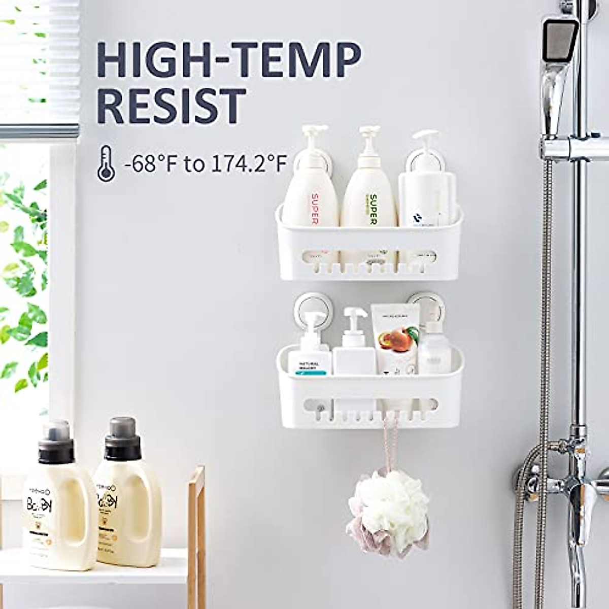TAILI Suction Shower Caddy 2 Pack & Shower Cadyy with 4 Hooks, Bathroom Shower Basket Wall Mounted Shower Organizer Shelf for Shampoo, Body Wash, Conditioner, Shower Accessories, Drill-Free Removable