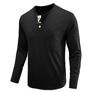 Fashion Mens Henley Shirts Classic Long Sleeve Basic Button Cotton T-Shirt with Pocket Black