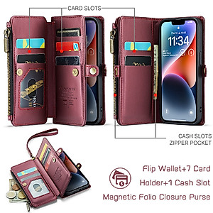 Defencase for iPhone 14 Case, RFID Blocking for iPhone 14 Wallet Case for Women Men with Credit Card Holder Slots Zipper Book Flip PU Leather Protective Cover for iPhone 14 Phone Case, Wine Red