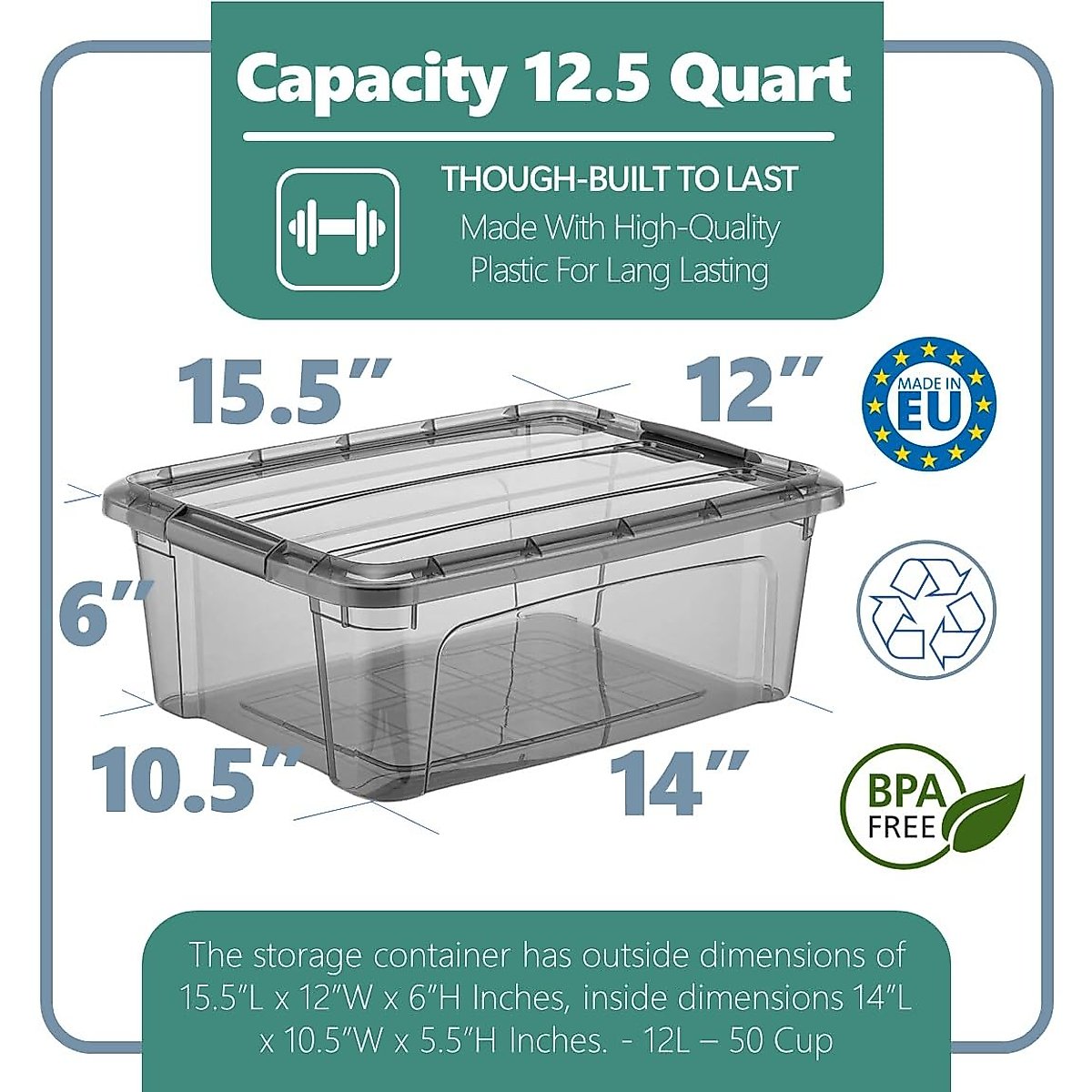 Tribello 12.5 Quart Storage Bins with Lids, Plastic Storage Containers with Latching Lids For Organizing - Tinted - (15.5’ x 12” x 6”) - Set of 2 - Made in EU