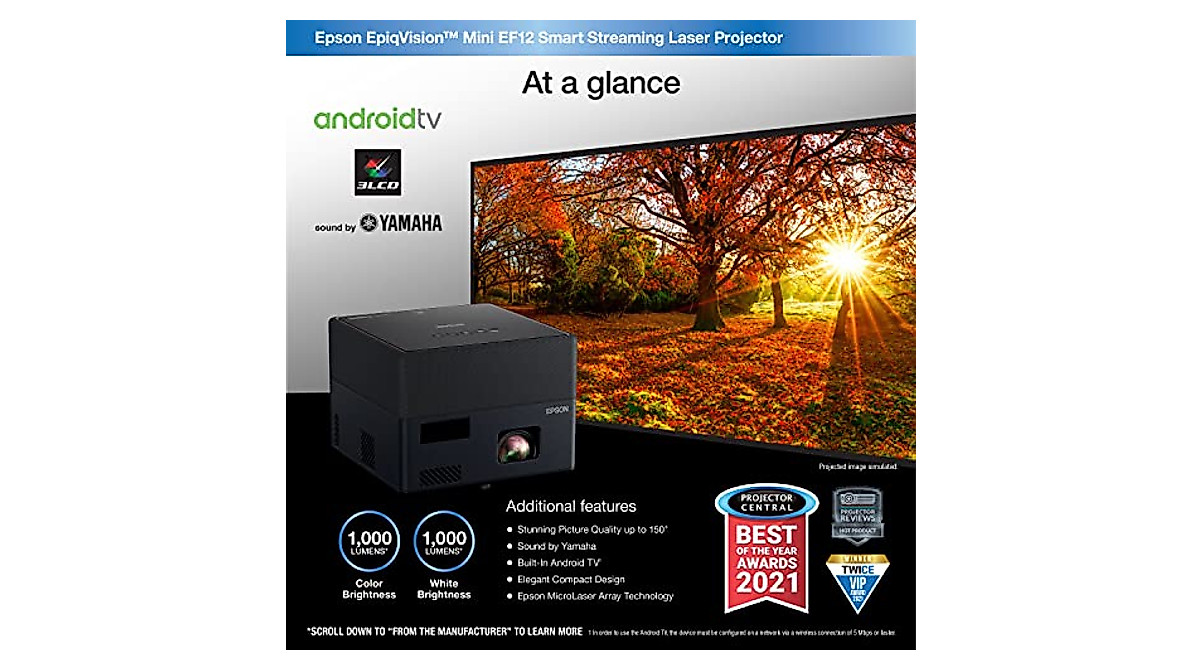 Epson EpiqVision Mini EF12 Laser Projector - Portable 150" Full HD HDR Streamer